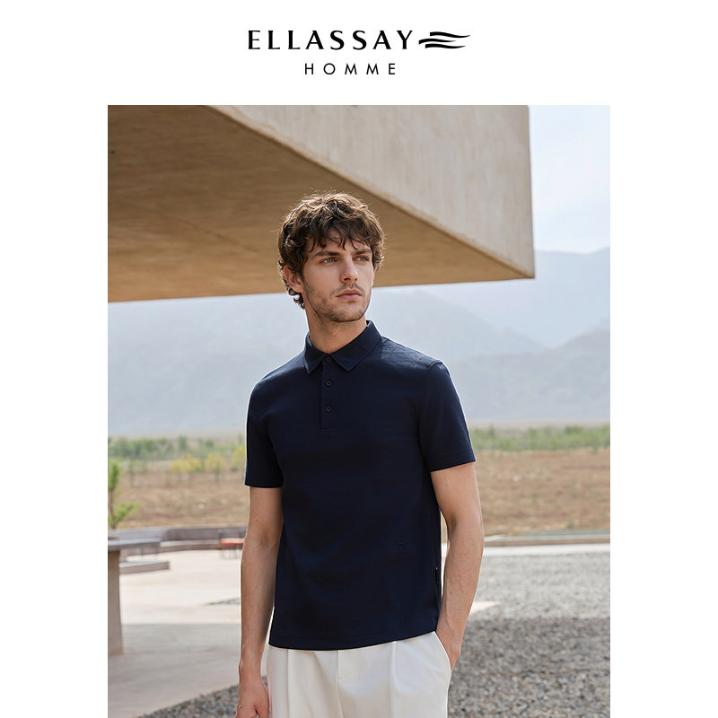 ELLASSAY歌力思男装索罗娜棉珠地直身凉感刺绣短袖polo衫男士