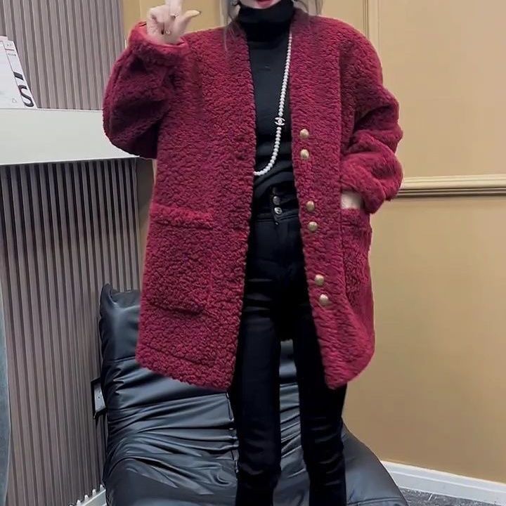 秋冬爆款时尚高级宽松羊羔毛呢外套中长款新款加绒加厚上衣女皮草