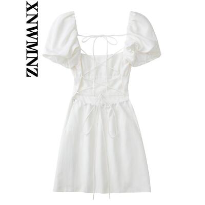 XNWMNZ women white fashion linen blend dress female square n