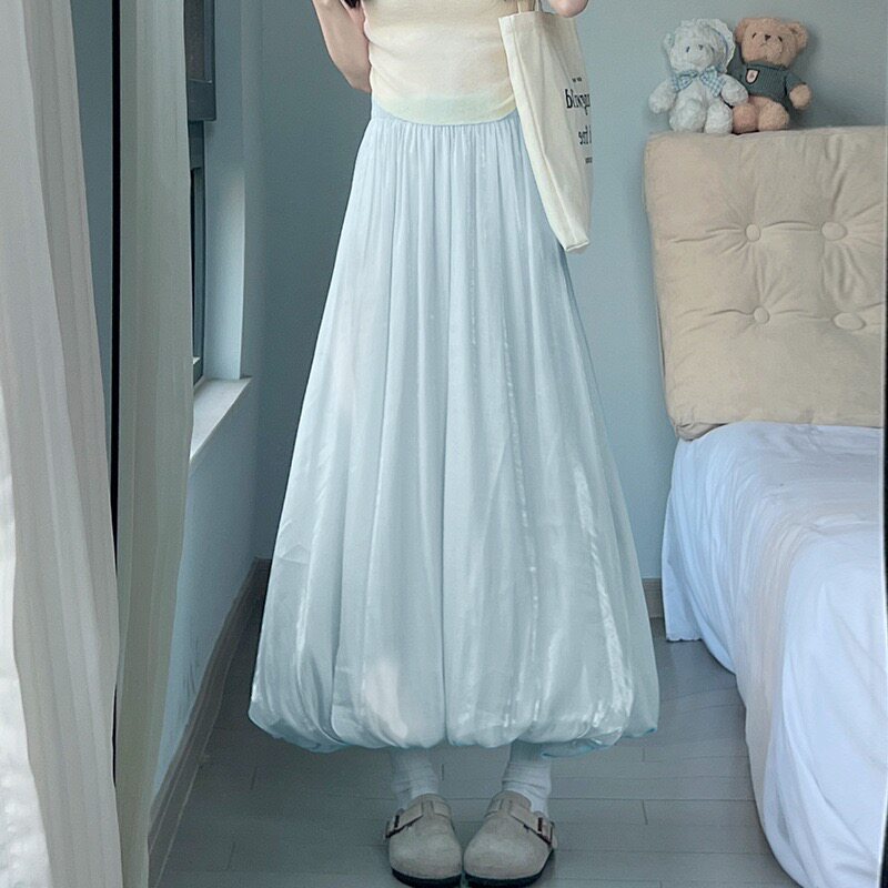 蓝色流光花苞裙女2026夏季新款高腰a字显瘦流光纱裙赫本风半身裙