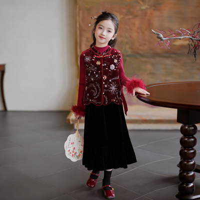 54038女童红色拜年服汉服马甲2026马年新款过年衣服丝绒亮片背心