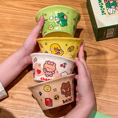 Cute Brown Bear Ceramic Bowl Set Cartoon Rice Bowl for Girls and Children Breakfast Bowl Fruit Salad Bowl Gift