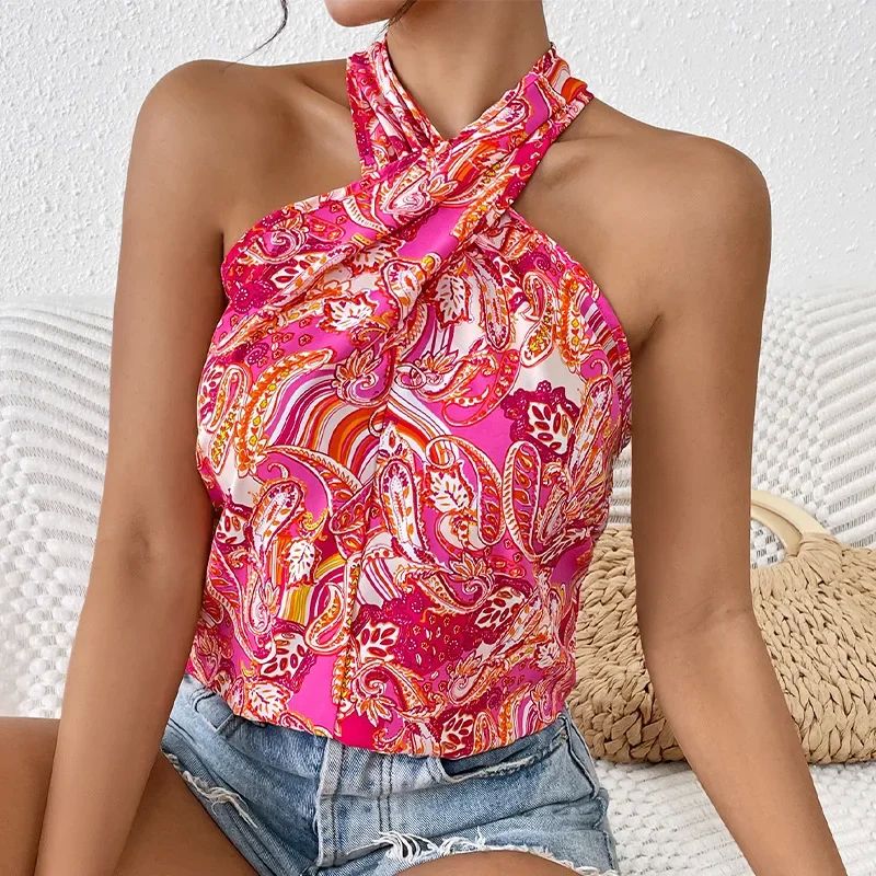 挂脖印花交叉吊带背心 Printed Cross-Back Tank with Neck Strap