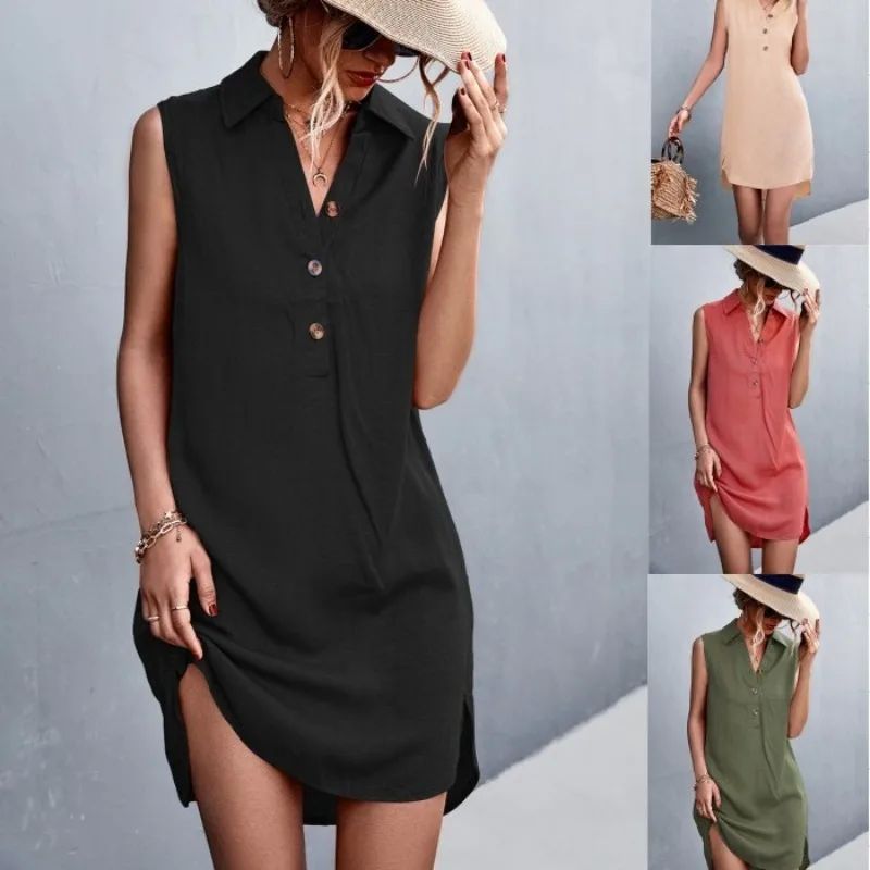 V领无袖纽扣收腰开叉衬衫连衣裙女 Sleeveless split shirt dress