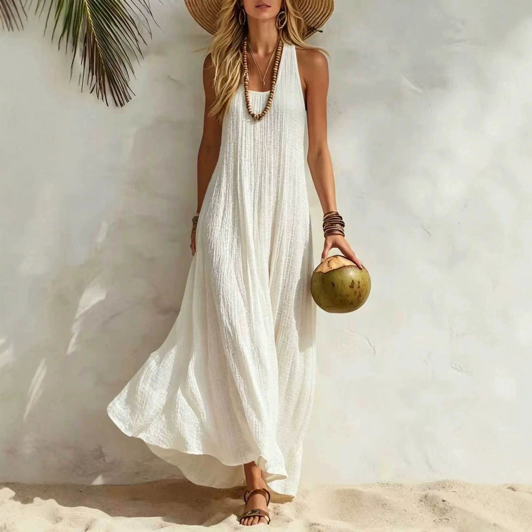 纯色无袖休闲宽松连衣裙女 Solid color sleeveless casual dress