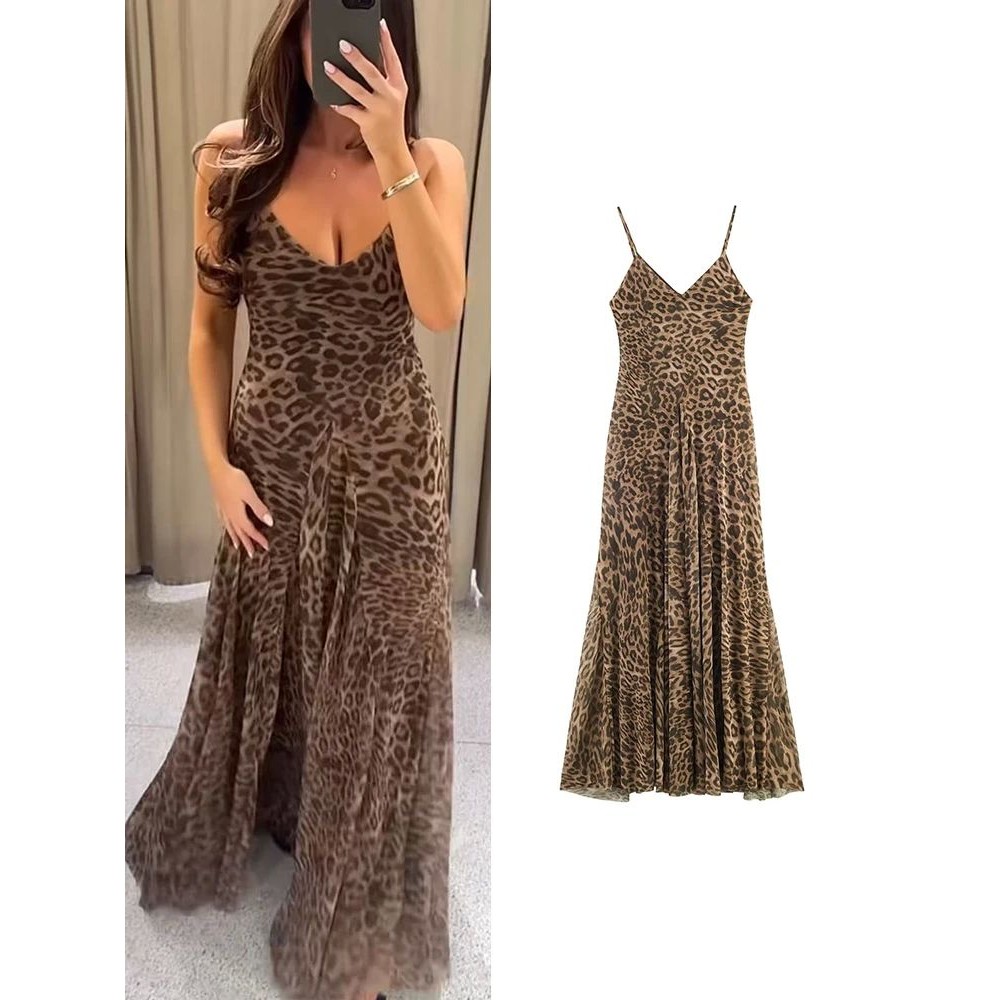 豹纹无袖吊带连衣裙女 Leopard print sleeveless camisole dress