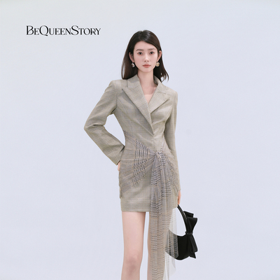 西装收腰网纱拼接翻领连衣裙短裙