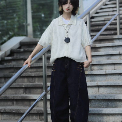 牧游昏昏新贵老钱风复古针织短袖衬衫boxy短宽夏季休闲镂空开衫男