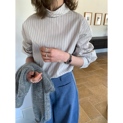26年新款简约复古日常小调性时尚上衣翻领条纹宽松衬衫80186