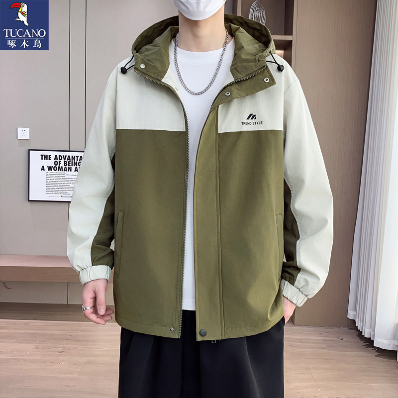 啄木鸟男士休闲风连帽夹克春秋新款户外运动拼接外套宽松工装上衣
