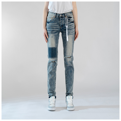 PUR jeans牛仔裤男修身显瘦欧美式高街乞丐破洞补丁做旧小脚裤