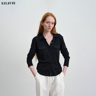 SILAVIE轻薄羊毛衬衫女春夏季收腰修身黑白色上衣高级感轻奢减龄