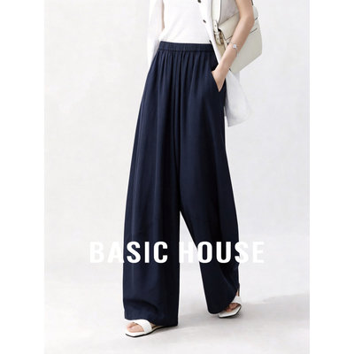 Basic House/百家好莱赛尔亚麻休闲裤女26夏季新款阔腿弯刀裤长裤