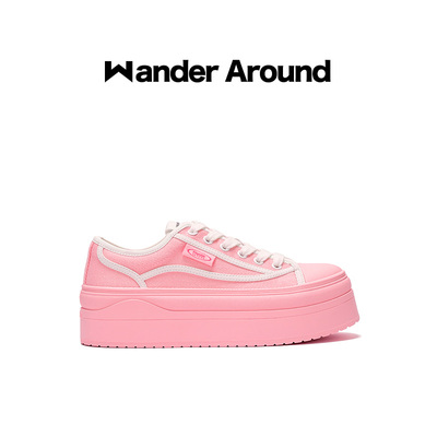 Wander around夏季薄款厚底增高6CM休闲百搭马卡龙粉色帆布鞋女
