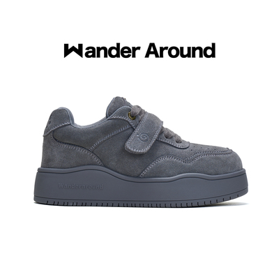 Wander around×Napsnaps联名款复古灰色厚底增高魔术贴休闲板鞋