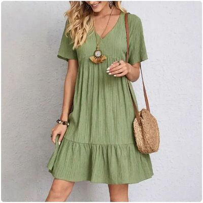 Women Summer Peplum Dresses Spring V-Neck Short Sleeve Loose