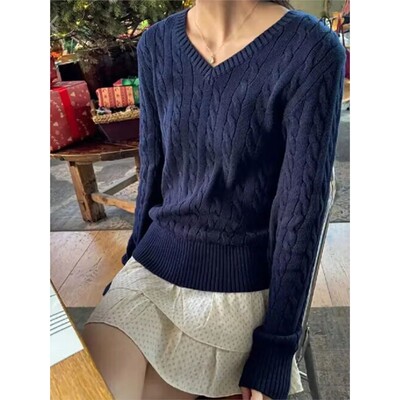 Navy Twisted Flower Knitted Sweater For Woman Spring V-neck