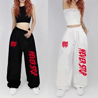 Black White Drawstring Design Sweatpants Women Street Dance