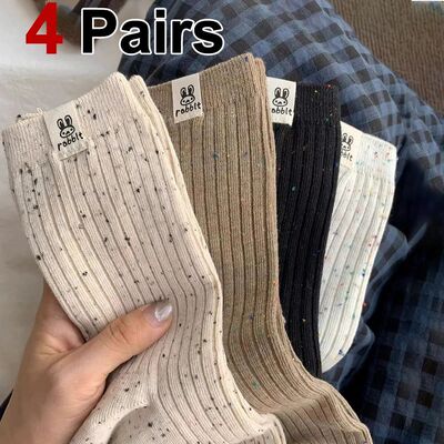 4 Pairs Women Cartoon Printed Mid Tube Sock Fashionable Colo