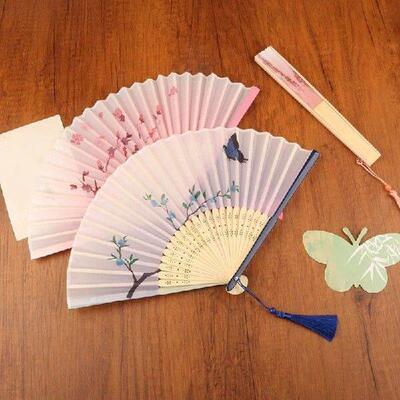 Vintage Silk Folding Fan Chinese Japanese Art Crafts Gift