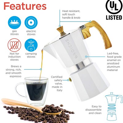 GROSCHE Whiite Milano Stovetop Espresso Maker, 6 cup