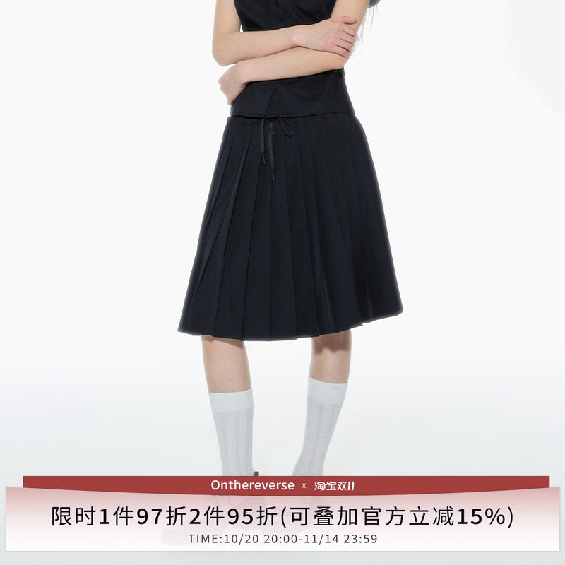 Onthereverse 原创设计感学院风黑色抽绳系带A字日系百褶半身裙女