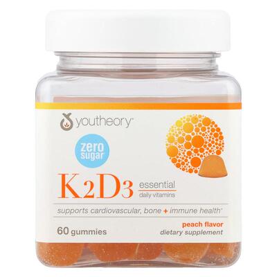 Youtheory,Vitamin K2 & D3 Gummies, Peach Flavor, 60 Gummies