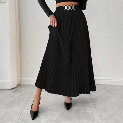Elegant Women's High-Waist Pleated Skirt with Metal Chain De