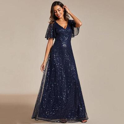 Shimmering All Over Sequin Short Sleeves A-Line Formal