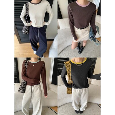 司南 早春新款 天丝羊毛混纺撞色圆领明线正肩T恤打底衫 SN8609