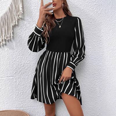 Women's Striped Print Button Dress Autumn Winter, Colorblock