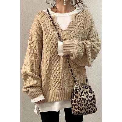 Women's Winter Chunky V Neck Long Sleeve Loose Cable Knit