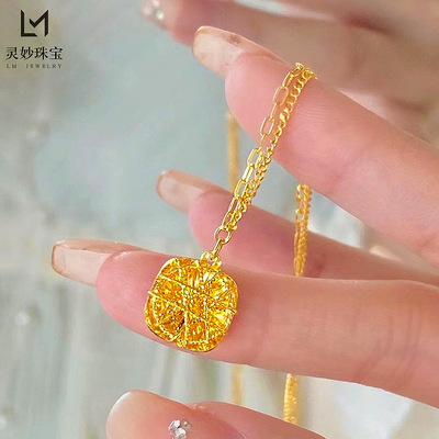 金店同款沙金999轻奢爆闪拉丝方糖吊坠项链气质锁骨链送闺蜜女友