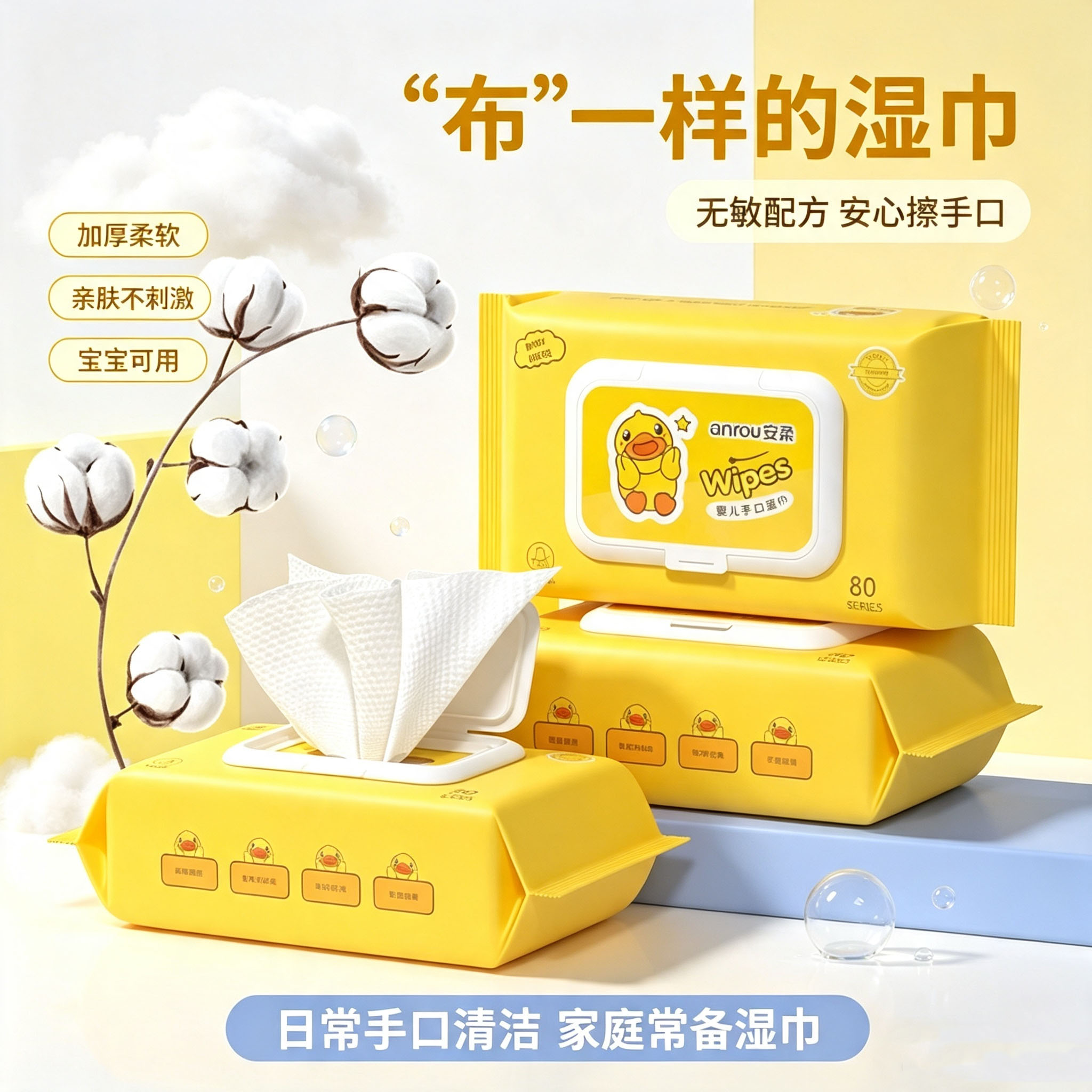 加厚柔韧安柔黄绿翻盖湿巾宝宝手口擦脸擦桌干湿双用一次性清洁纸