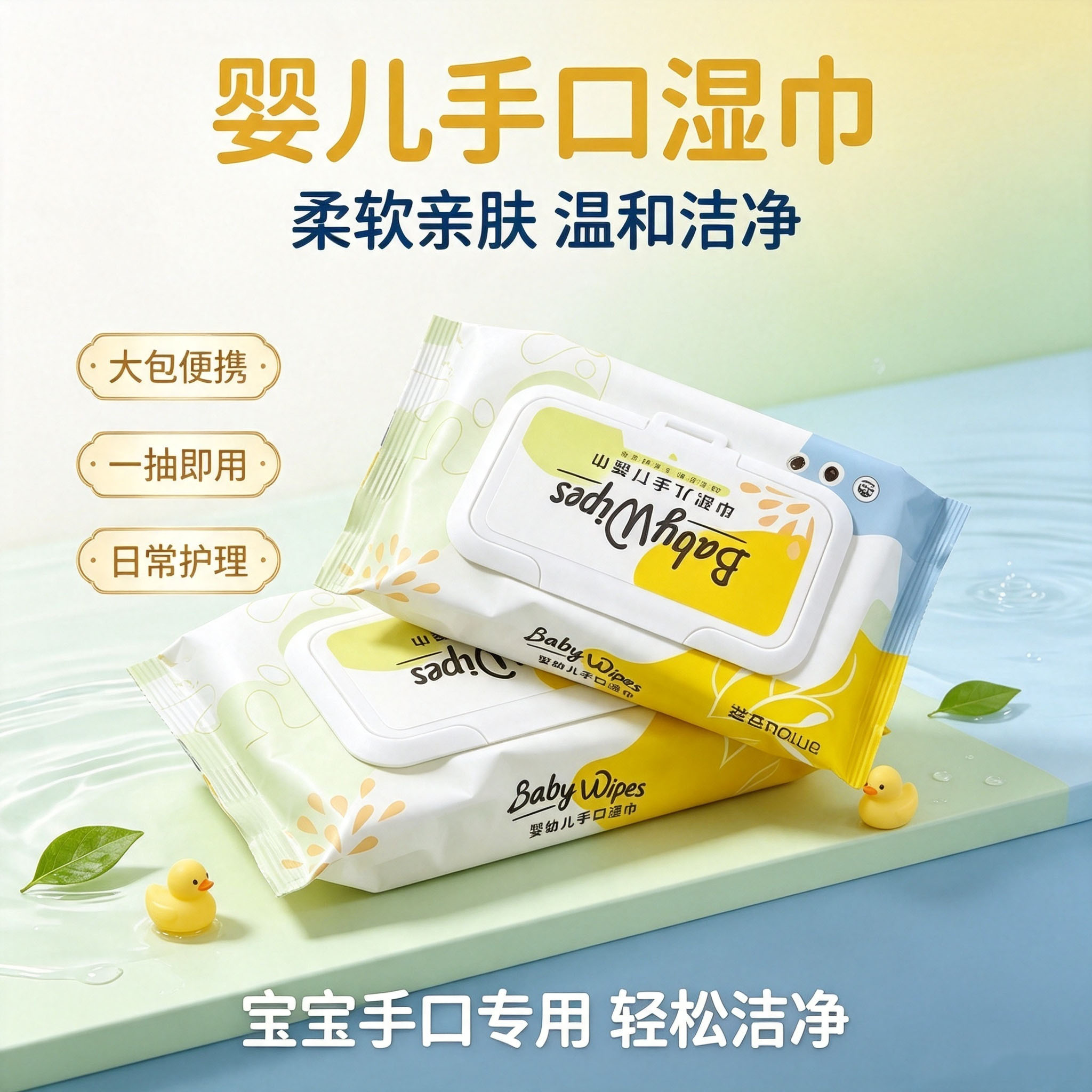 幼儿园备用安柔黄绿密封湿纸巾 儿童课间擦手温和无刺激干湿巾
