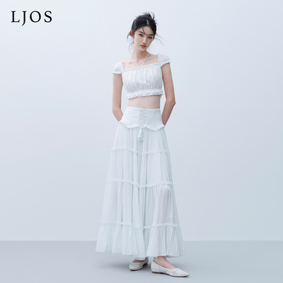 LJOS | 月光浅蓝绑带两穿泡泡袖上衣鱼骨收腰大摆半身裙早春