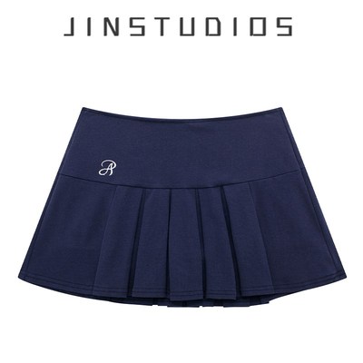 24秋美式复古校园风字母刺绣纯色百褶短裙百搭显瘦辣妹a字裙半裙