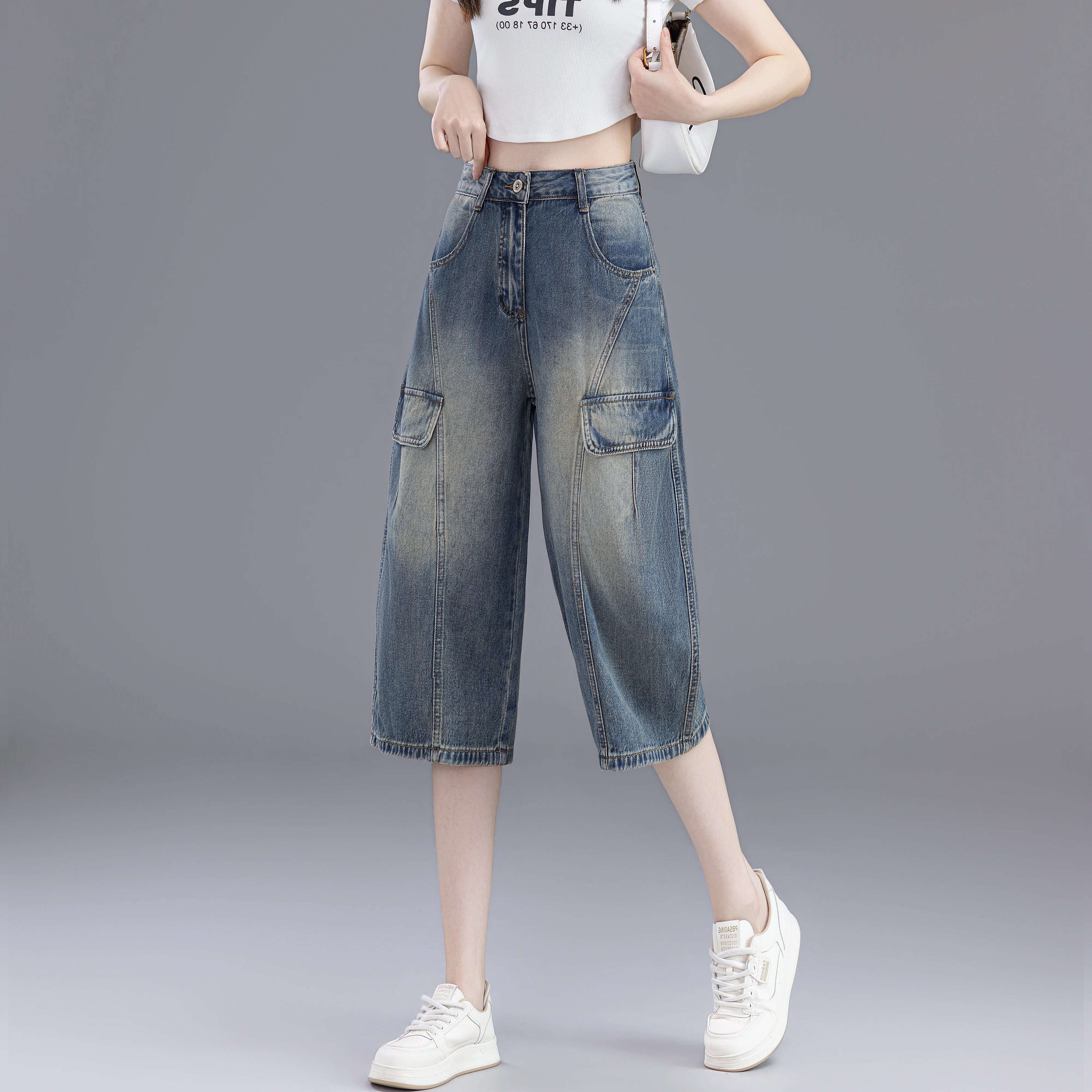 时尚七分高腰牛仔工装裤女2026夏季新款遮胯显瘦垂坠感宽松阔腿裤
