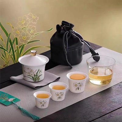 徐建勇大师德化羊脂玉旅行茶具便携式户外快客杯陶瓷手绘泡茶盖碗