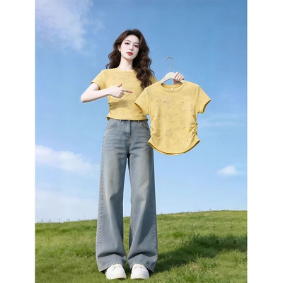 0728k黄色短款修身夏季大尺码小上衣褶皱别致胖mmT恤女绝美2026短