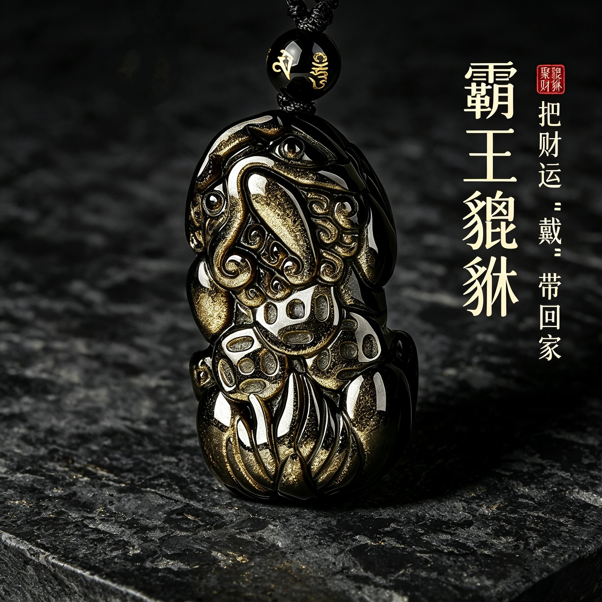 正品天然黑曜石貔貅吊坠男女本命年招财金曜石护身符转运挂件项链