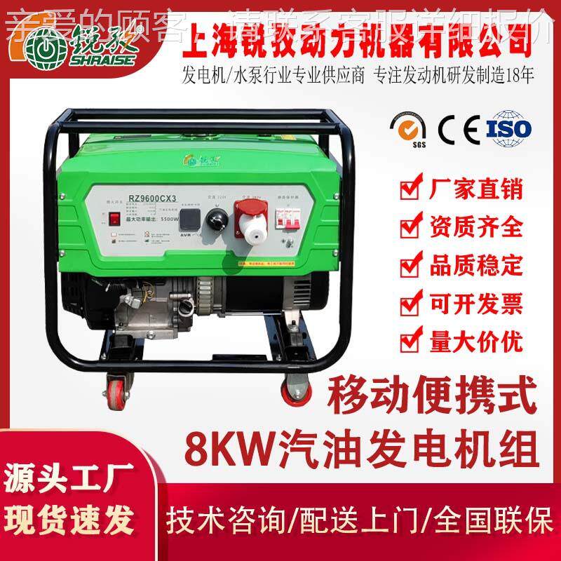 上海锐孜8汽油发电机 8千瓦小型燃气汽油两用发电机组 家用车载