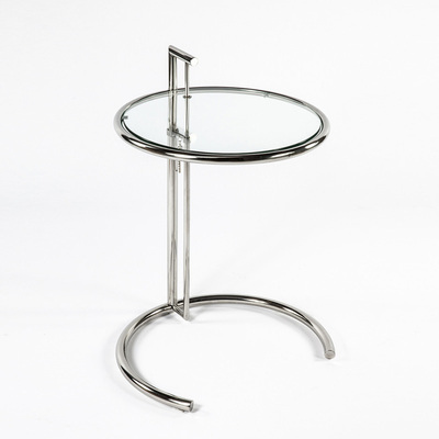 极速Eileen Gray时尚玻璃茶几小圆茶几现代经典T不锈钢升降边几高