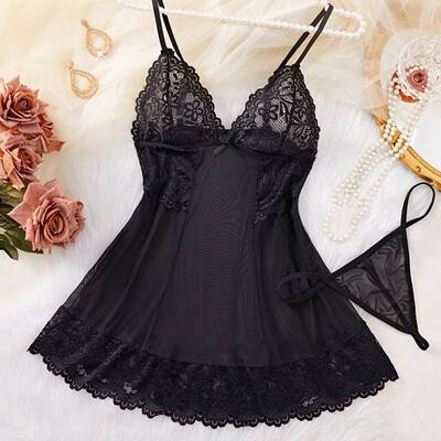 Women Sexy Fitted Out Lace Shoulder Dress Set Nightwear