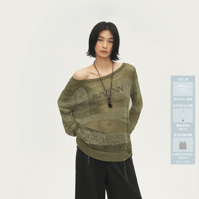 AVVENN设计师款宽松不对称露肩轻薄纹理透气薄毛衣AL70601627