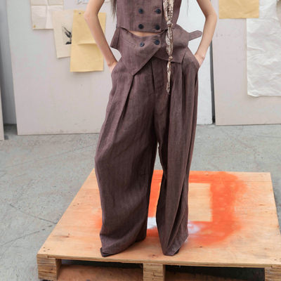 AVVENN配腰带亚麻立褶腰带长裤时髦轻盈感AK11301751