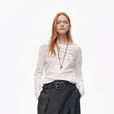 AVVENN设计师款大领口可斜肩做旧微收腰长袖T恤AL31001553