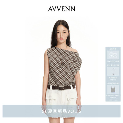 AVVENN棕白格纹撞色宽松无袖一字肩上衣吊带  AK30801546