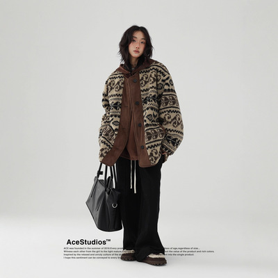 Acestudios 冬季美式复古拼接腰果花羊羔毛棉衣加厚棉服外套女潮