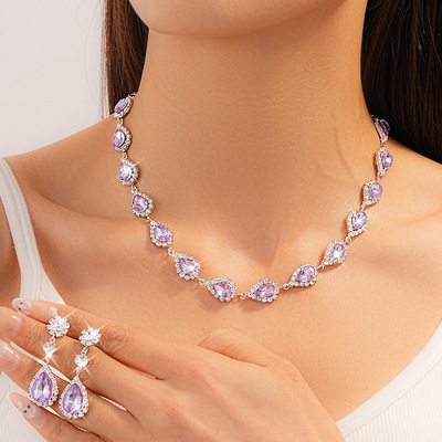 轻奢镶钻水滴锁骨链耳环套装